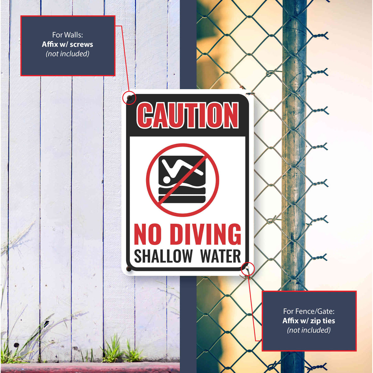 Sign Crush 'No Diving Shallow Water' Heavy Duty Plastic PVC Sign, Large ...