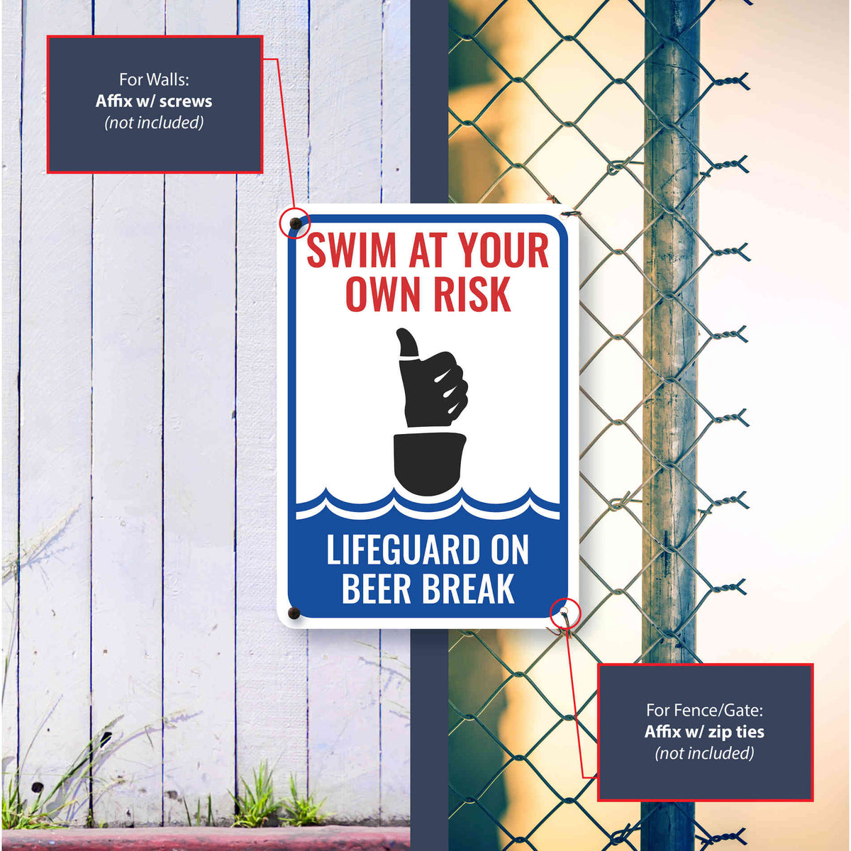 Sign Crush 'SWIM AT YOUR OWN RISK' Heavy Duty Plastic PVC Sign, Large ...